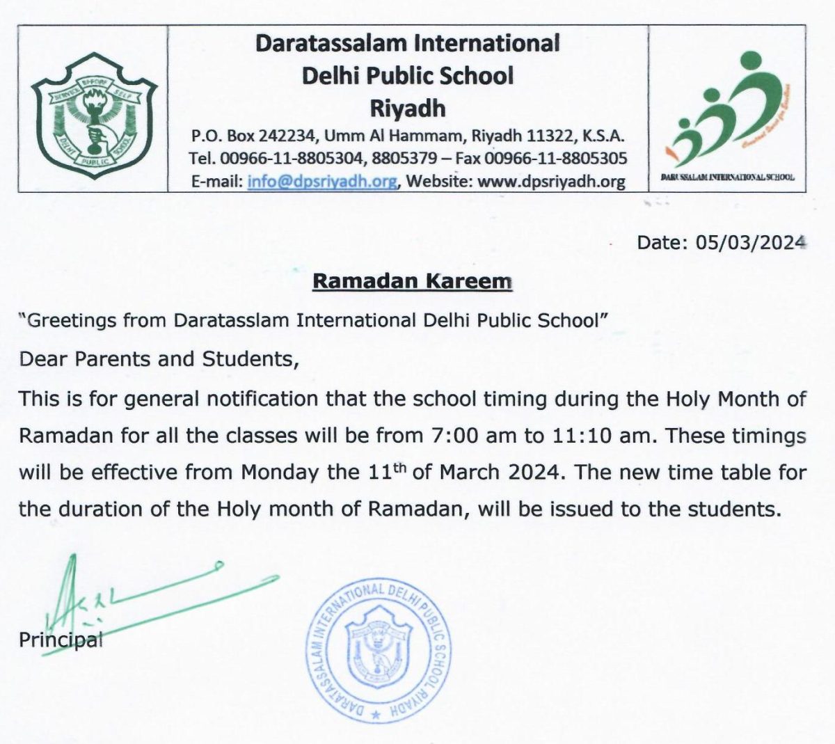 Notice Board – DARATASSALAM INTERNATIONAL SCHOOL