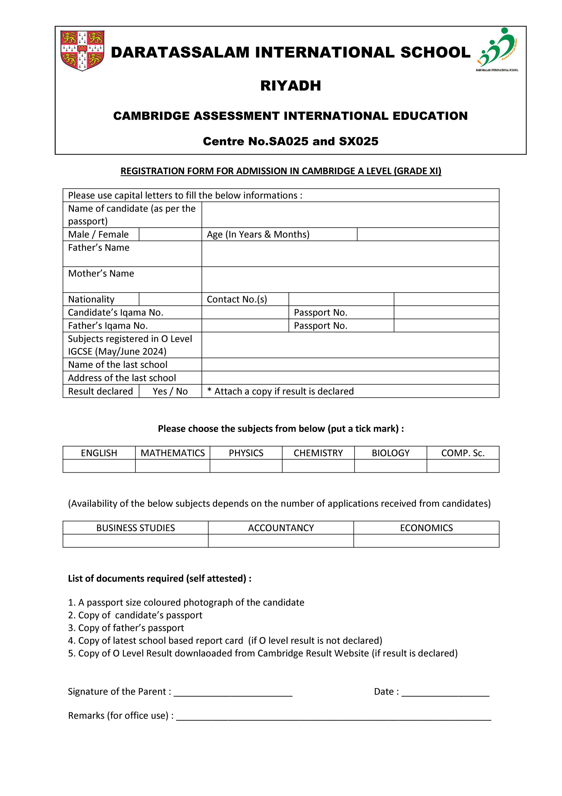 CAMBRIDGE A LEVEL REGISTRATION FORM – DARATASSALAM INTERNATIONAL SCHOOL